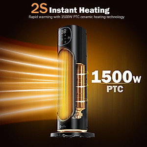 Grelife Space Heater, Quiet Electric Heater with Night Light, Remote, 75° Oscillation, Safety Protection, ECO Mode, 12H Timer, Thermostat, 1500W Portable Heater for Indoor Use, Office, Home, 24Inch