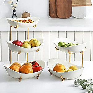 HOMKULA Fruit Bowl for Kitchen Counter - 2 Tier Ceramic Serving Bowls with Metal Stand, Tiered Fruit Basket for Fruit Vegetable Storage, Snack, Nuts, Cake, Dessert (Gold)