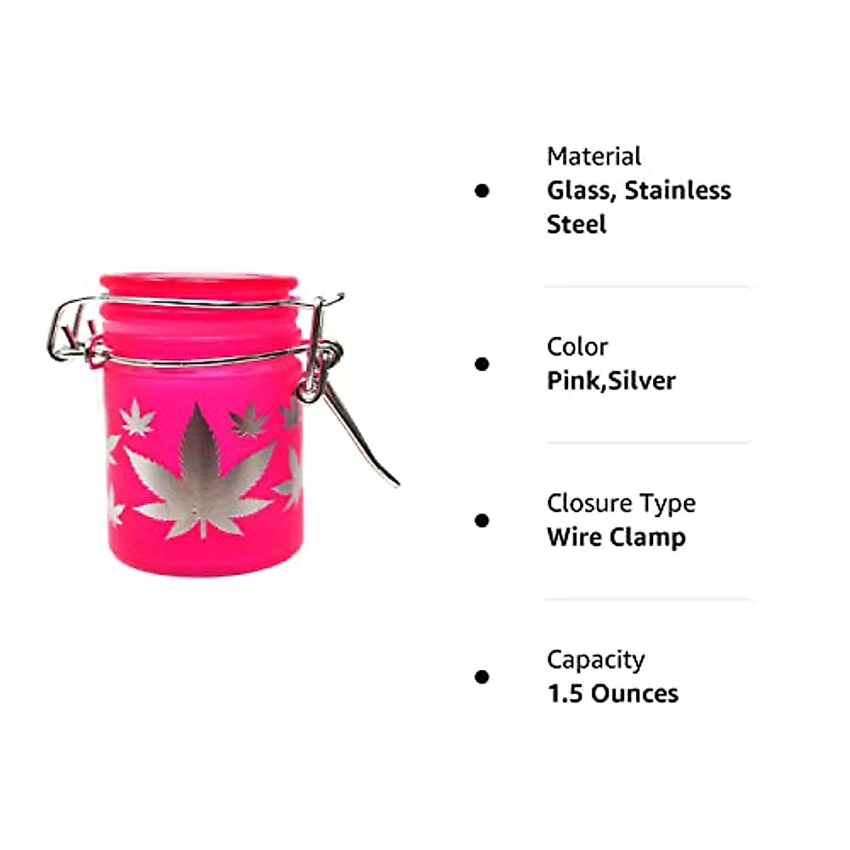Airtight Glass Herb Mini Storage Jar with Clamping Lid in Choice of Design (Frosted Neon Pink/Silver Leaves)