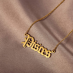 Zodiac Necklace for Women Pisces Necklace Gold Old English Letter Horoscope Birth Star Sign Necklace Birthday Gift - Pices
