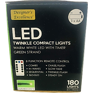 LED Twinkle Compact Lights 20Ft White w Green Strand Battery Operated 8 Function Remote Control