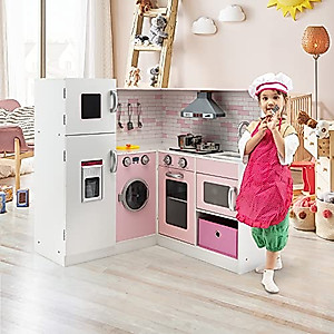 Costzon Kids Corner Kitchen Playset, Wooden Pretend Play Kitchen Toy Set w/Realistic Light & Sound, Washing Machine, Microwave, Oven, Stove, Ice Cube Dispenser, Utensils, Sink, Apron, Chef Hat-Pink