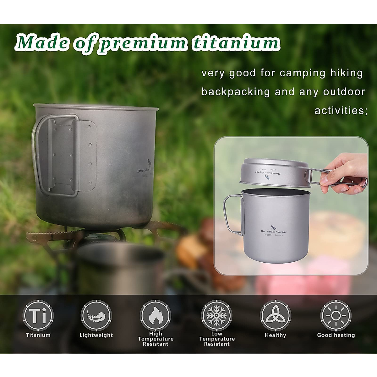 Boundless Voyage Camping Titanium Pot Pan Set with Folding Handles Outdoor Picnic Hiking Bowl Plate Mess Kit Tableware Cookware Ti2053C