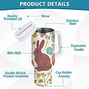 RPLIFE Easter with Bunnies and Flowers 40oz Tumbler with Handle, Stainless Steel Tumbler with Straw, Tumblers for Women