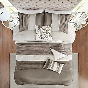 Madison Park Amherst Faux Silk Comforter Set-Casual Contemporary Design All Season Down Alternative Bedding, Matching Shams, Bedskirt, Decorative Pillows, Queen(90"x90"), Natural, 7 Piece (MP10-121)