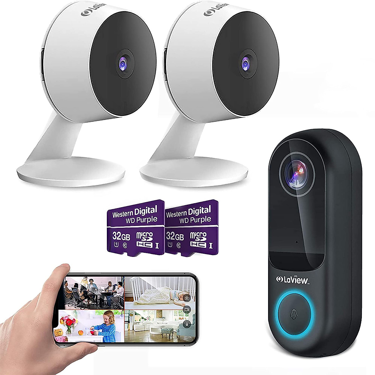 LaView Security Cameras Outdoor Video doorbell Wired with Home Security Cameras Bundle Include 32 GB SD Card Two-Way Audio, Night Vision,WiFi Home Indoor for Baby/pet,Alexa, USA Cloud Service