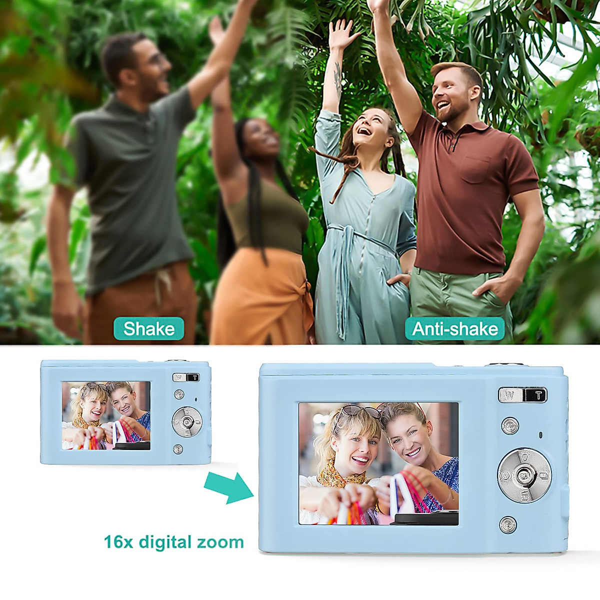 Andoer Portable Digital Camera 48MP 1080P 2.4-inch IPS Screen 16X Zoom Auto Focus Self-Timer 128GB Extended Memory Face Detection Anti-Shaking with 2pcs Batteries Hand Strap Carry Pouch