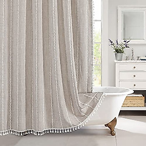MitoVilla Boho Farmhouse Fabric Shower Curtain, Tan Brown Modern Cotton Linen Shower Curtains for Vintage Country Bathroom Decor, Tassel Weighted & Thick Waterproof Cloth, Taupe, 72 x 72