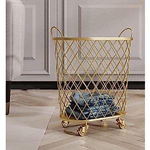 QQXX 360 Laundry Hamper with Wheels,Round Mesh Metal Rolling -Iron Scandinavian ins Bathroom Dirty Clothes Basket Toy Storage Frame, Gold, (1671979), 55x45x38.5cm(21.65x17.7x15.15inch)