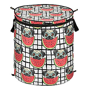 DOMIKING Cute Pug Eating Watermelon Popup Laundry Hamper with Zipper Lid Collapsible Laundry Basket Portable Laundry Bin for Kids Room Travel College Dorm