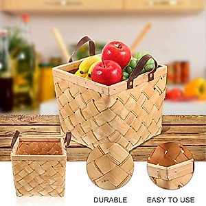 Rattan Picnic Basket Natural Woven Woodchip Baskets with Leather Handle Wicker Laundry Hamper Seagrass Storage Bin Container for Fruit Vegetable 24cm