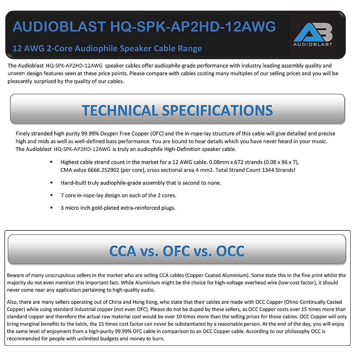 Audioblast HQ-SPK-AP2HD-12AWG - 10 Foot – 2 Core (99.99% OFC) Ultra-Flexible Audiophile Speaker Cable Pair w/Eminence Gold Plated Banana Plugs - 12 Gauge