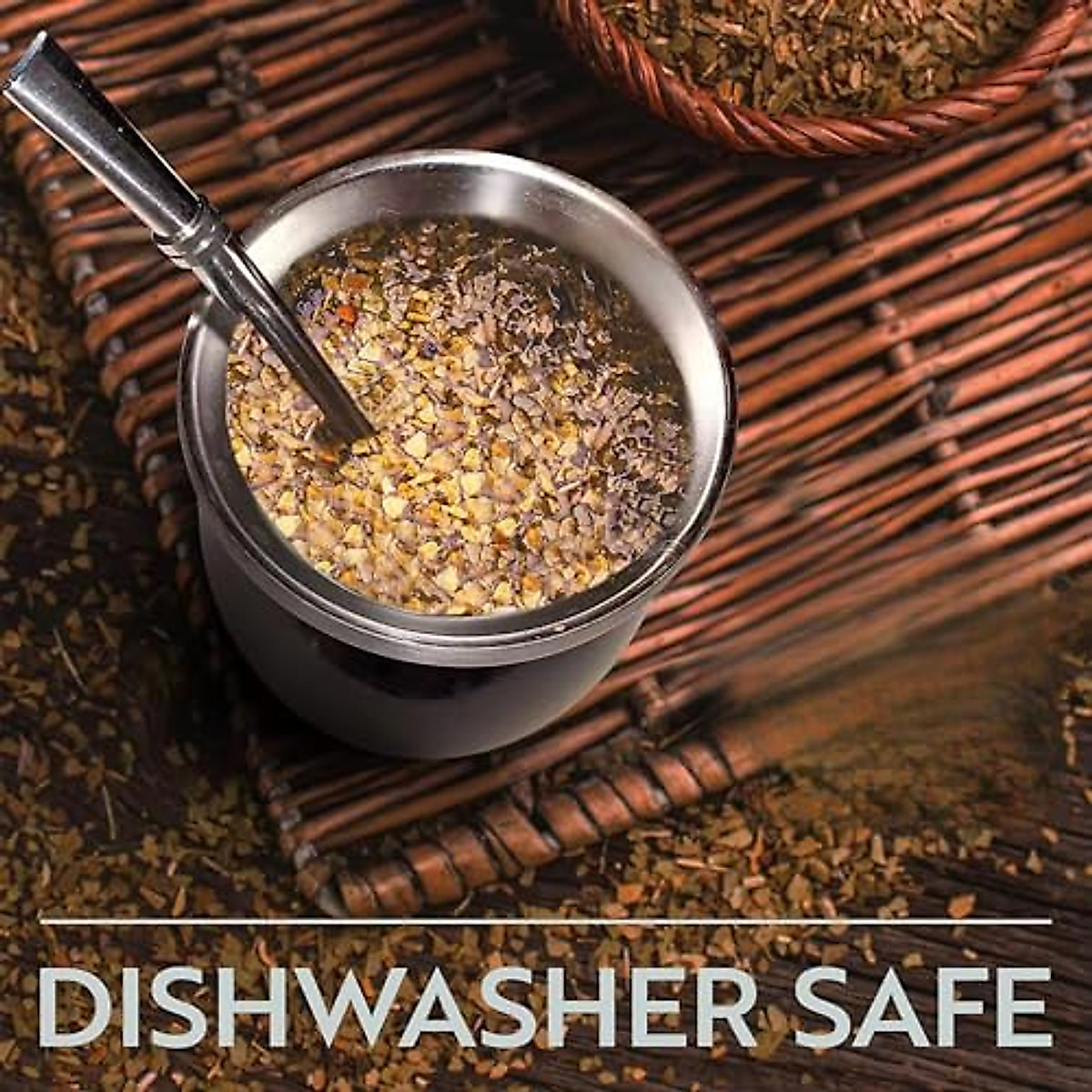 FAMKX 8oz Yerba Mate Cup With Bombillas Straw & Cleaning Brush, Stainless Steel Double wall Travel Gourd Mug Tumbler, (Wood grain)