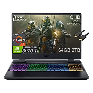 Acer Nitro 5 15 6" QHD 165Hz (AMD 8-Core Ryzen 7 6800H (Beat i9-11900H), GeForce RTX 3070 Ti 8GB, 64GB RAM, 2TB SSD) Gaming Laptop, RGB Backlit Webcam Ray Tracing HDMI Cable, Win 11 Home