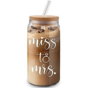 FlyweightZ Bride Gifts for Her - 16oz Miss To Mrs Glass Cup for Wedding Gifts - Bridal Shower Gifts for Bride - Bride To Be Gifts for Bachelorette Party Favors - Cute Cups for Engagement Gifts