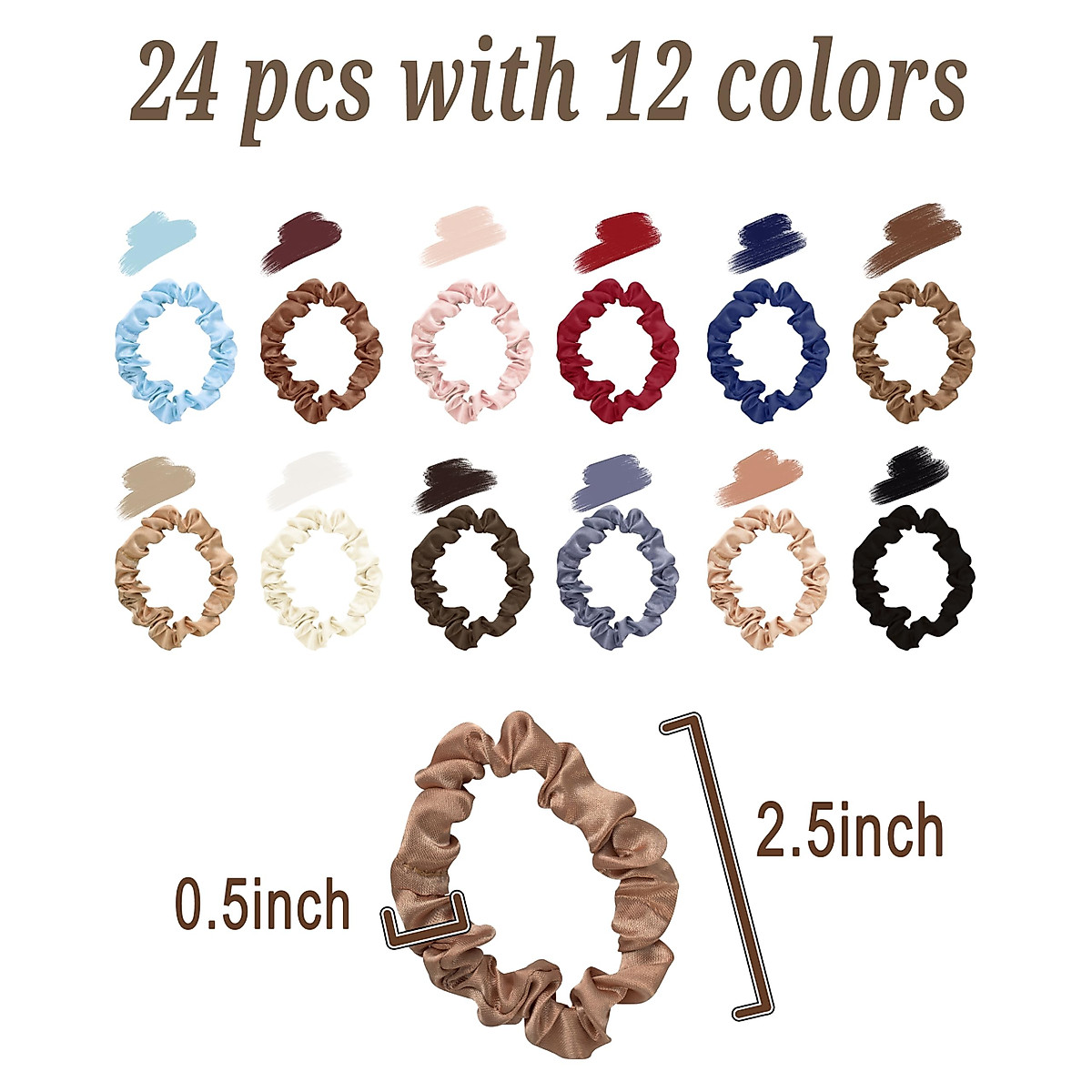 Silk Hair Scrunchies, 24 Pcs Silk Hair Ties, Soft Silk Scrunchies for Hair Elastics Ponytail Holders, Satin Scrunchies for Women Curly Thick Thin Hair