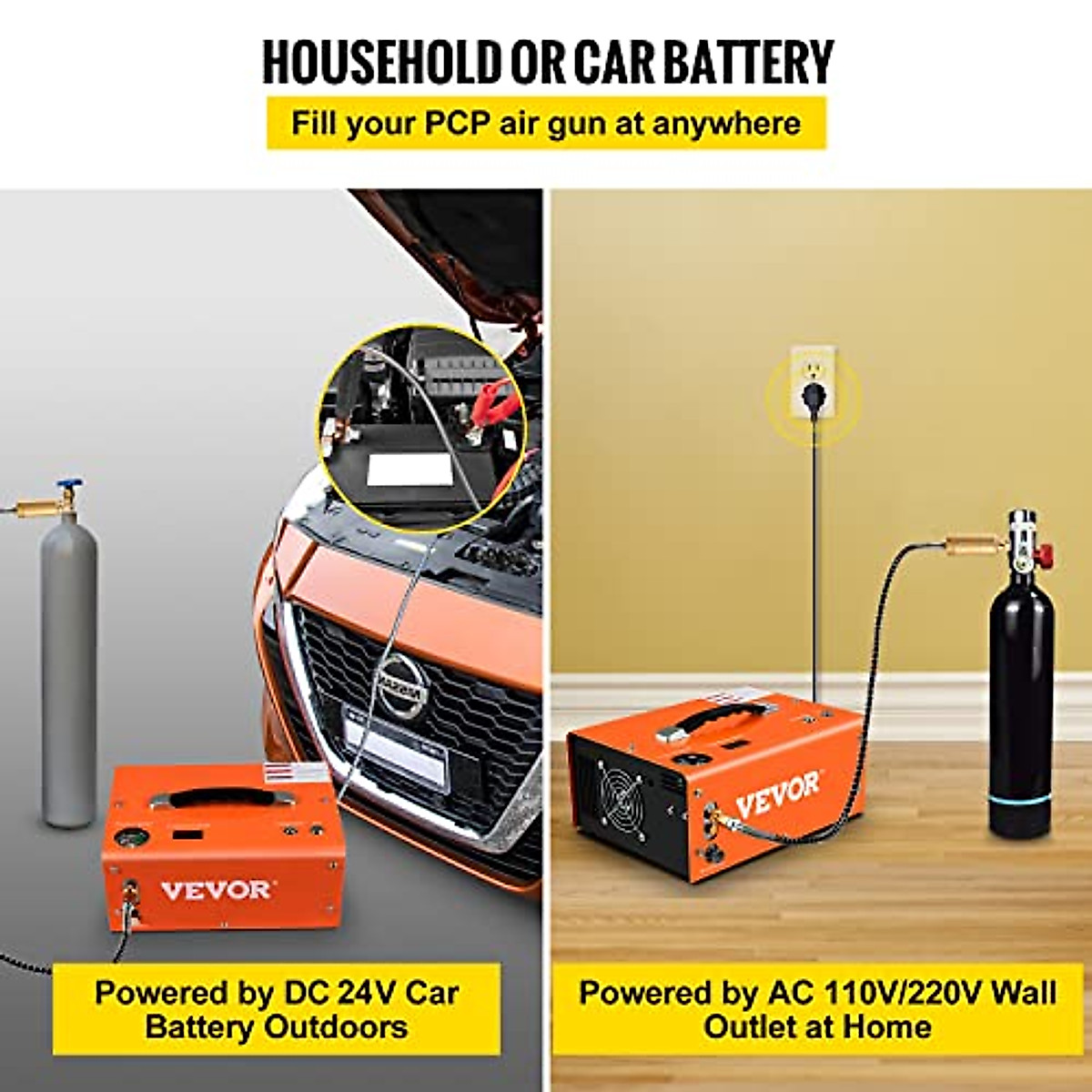 VEVOR PCP Air Compressor, 4500PSI Portable PCP Compressor, 12V DC 110V/220V AC PCP Airgun Compressor Auto-stop, w/Built-in Adapter, Fan Cooling, Suitable for Paintball, Air Rifle, Mini Diving Bottle