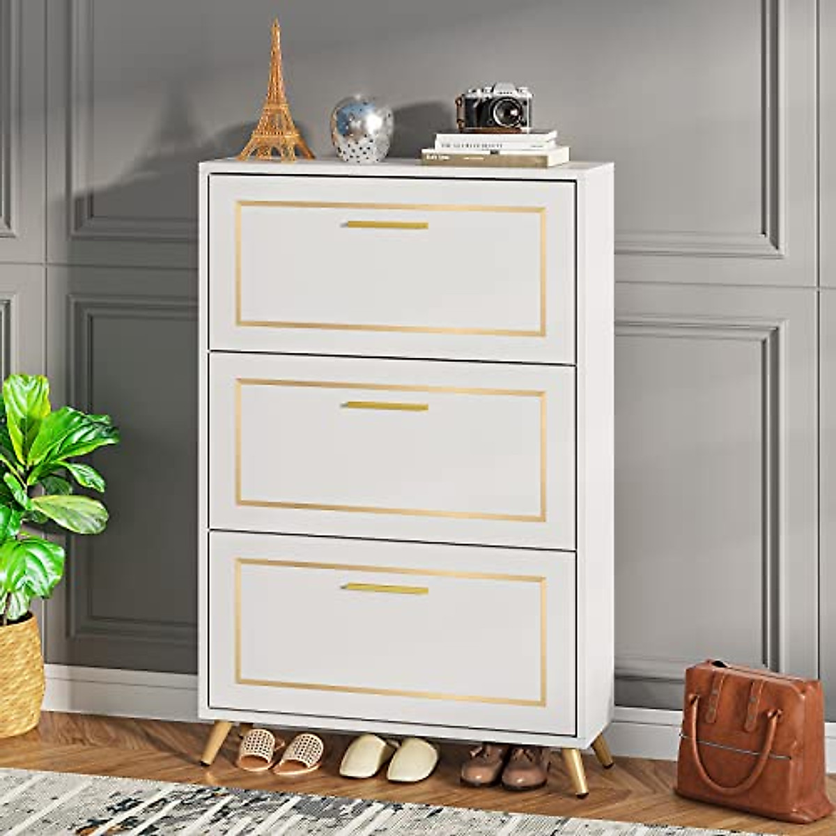 Tribesigns Shoe Cabinet, Shoes Storage Cabinet with 3 Flip Drawers, Modern Tipping Bucket Shoe Cabinet,White and Gold Narrow Shoe Rack Cabinet for Entryway