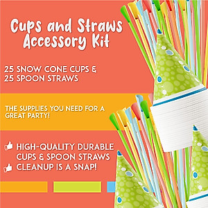 Hawaiian Shaved Ice Cups and Straws Set: 25 - 6oz. Durable Waxed Paper Snow Cone Cups plus 25 Plastic Spoon Straws, Multi-Colored