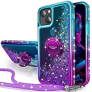 Silverback for iPhone 14 Case, Moving Liquid Holographic Sparkle Glitter Case with Kickstand, Girls Women Bling Diamond Ring Slim Protective Case for Apple iPhone 14 5G 6.1''- Purple