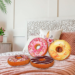 4 Pcs Donut Pillow 3D Digital Print Round Throw Pillow 16 Inches Donut Seat Back Stuffed Cushion Funny Decorative Soft Plush Food Stuffed Decor Seat Pad Cushion for Couch Chair Floor Sofa, 4 Styles