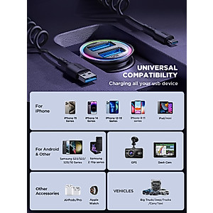 Car Charger，JOYROOM 4.8A Car Phone Charger All Metal, Mini Cigarette Lighter USB Charger with Type C Coiled Cable for iPhone 15 Pro, Dual USB Car Charger Adapter Fast Charge for iPhone/Samsung/Android