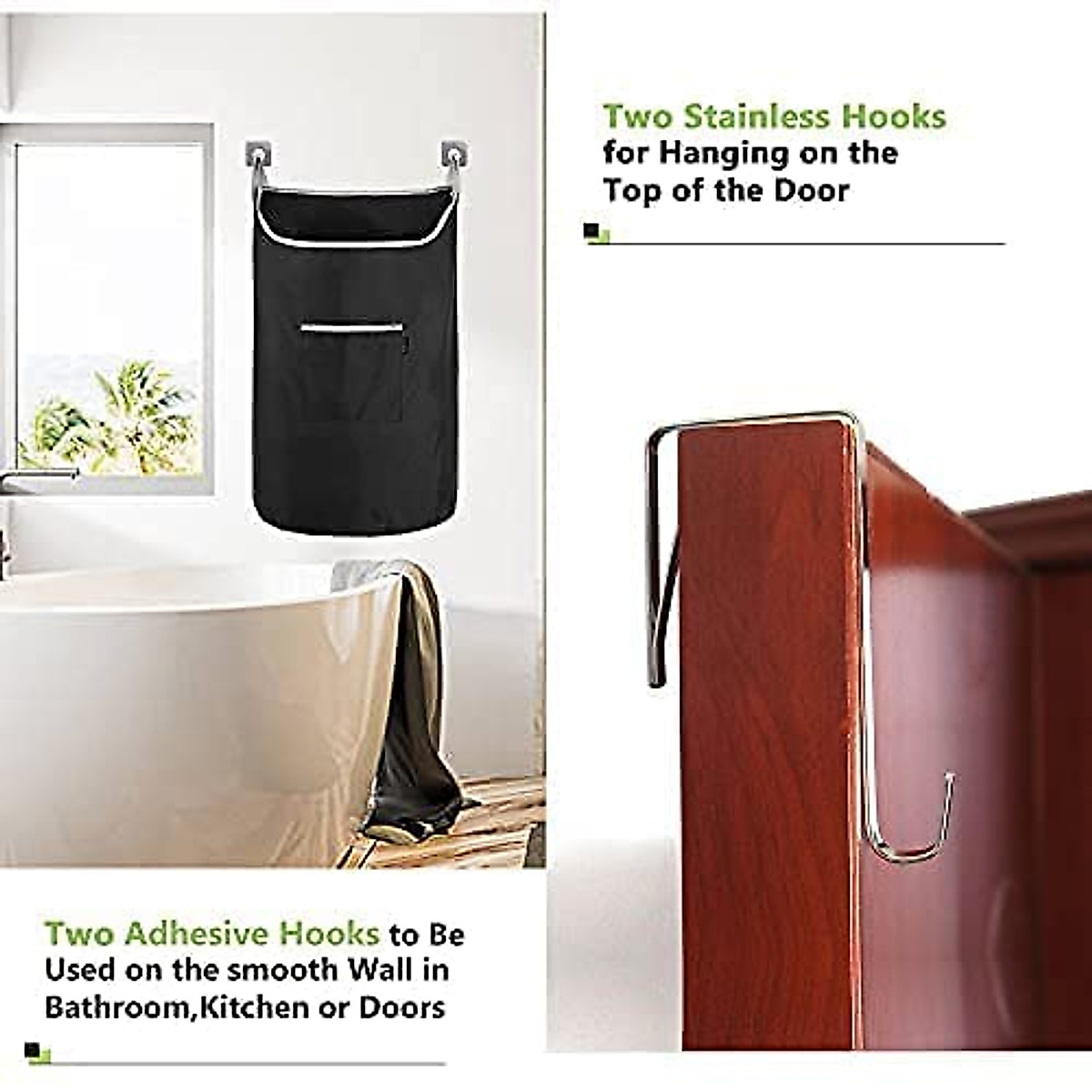 BeeGreen 2 Pack Black Hanging Laundry Hamper Bag X-Large Over The Door Hanging Laundry Bag with 2 Different Hook Types and Laundry Bag Backpack with Adjustable Shoulder Straps