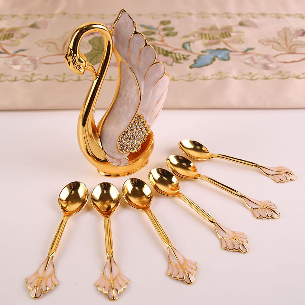 WYYXO Gold Swan Base Holder Spoons Set Elegant Swan Spoon Holder Organizer Decorative Swan Flatware for Dessert Coffee Ice Cream Cake (1 Swan Base Holder 6 Spoons)