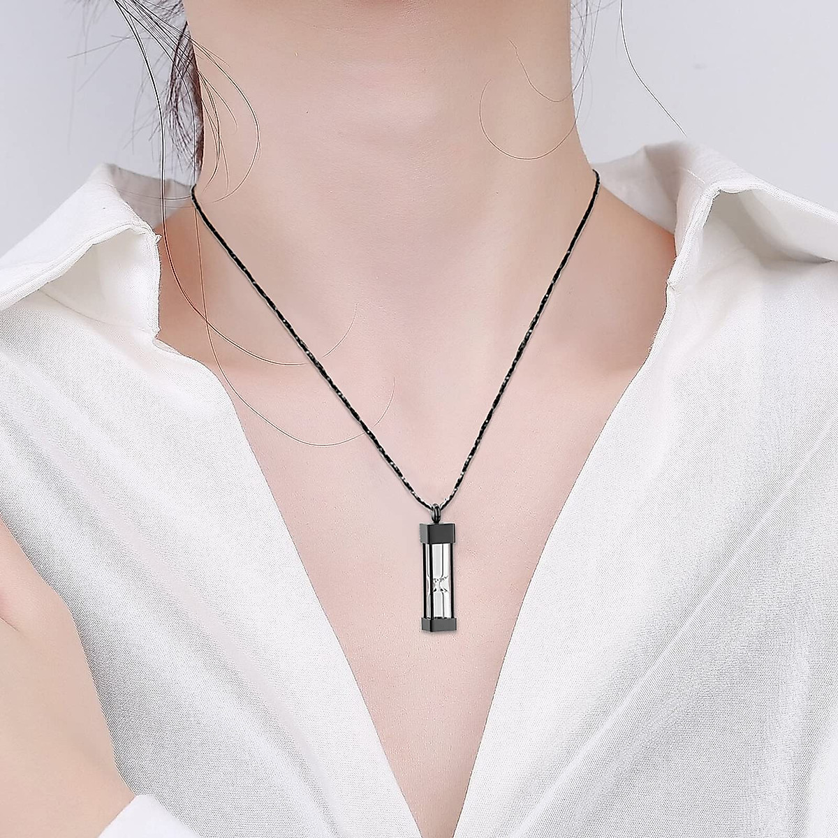 Imrsanl Glass Hourglass Cremation Jewelry Container Vial Urn Necklace Pendant Stainless Steel Cylinder Bottle Memorial Cremation Keepsake Jewelry for Women/Men (Black)