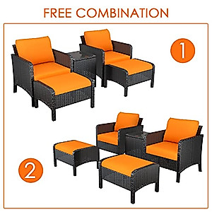 Arlopu 5Pieces Patio Wicker Furniture Sets, Outdoor PE Rattan Conversation Chat Chair Set with Ottoman and Side Table, for Lawn, Garden, Balcony, Yard