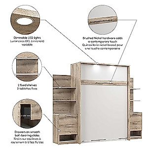 Bestar Cielo Full Murphy Bed with Nightstands and Floating Shelves (99W) in Rustic Brown and White, Sleeping Arrangement for Multipurpose Room