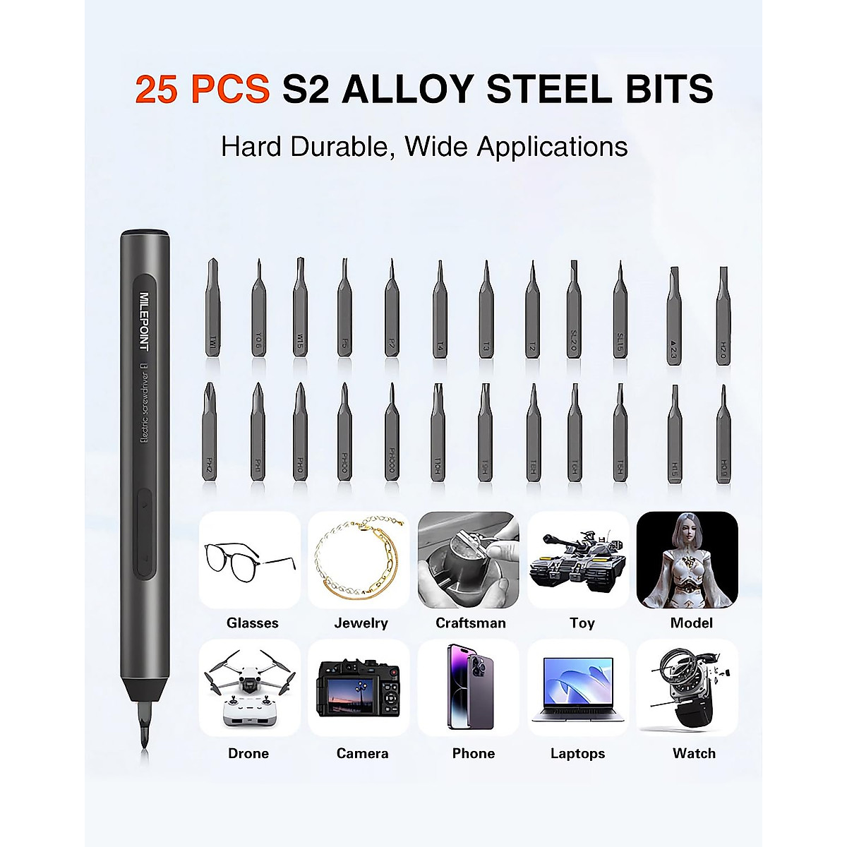 Mini Electric Screwdriver Set Rechargeable Precision Screwdriver 26 in 1 with 25 S2 Magnetic Bits 3.7V Small Screwdriver Kit for PC, Eyeglass, Laptop, Watch - Space Gray