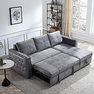 Morden Fort Sleeper Sectional Sofa [Large Size] Reversible Storage L-Shape Chaise 3 Seat Sectional Couch with Put Out Bed Velvet Gray