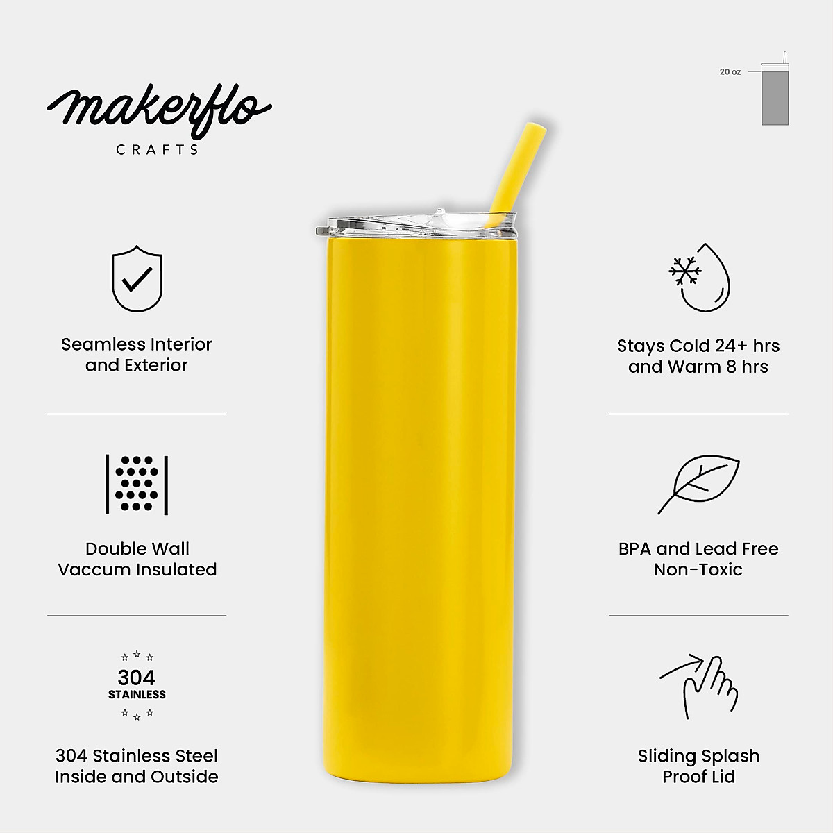 makerflo 20oz Powder Coated Tumbler Craft-Ready Insulated Stainless Steel for DIY Gifts & Personalization (Laser Engravable)-(Yellow, 1 pack)