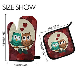 Valentines Day Owls Oven Mitts and Pot Holders Sets Red Mothers Day Heat Resistant Hot Pads Cooking Gloves Handling Kitchen Cookware Bakeware BBQ