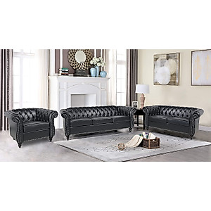 RARZOE Modern 2 Pieces Living Room Sofa Set, Contemporary Tufted Button Faux Leather Three-Seater Couch and Chesterfield Loveseat with Nailhead Trim Scroll Arms for Home Furniture (Black)