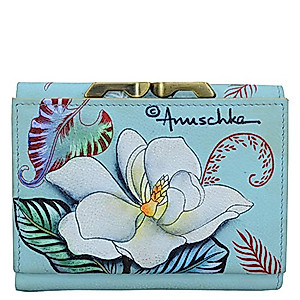 Anuschka Hand-Painted Genuine Leather Women's RFID Blocking Small Flap French Wallet - Jardin Bleu