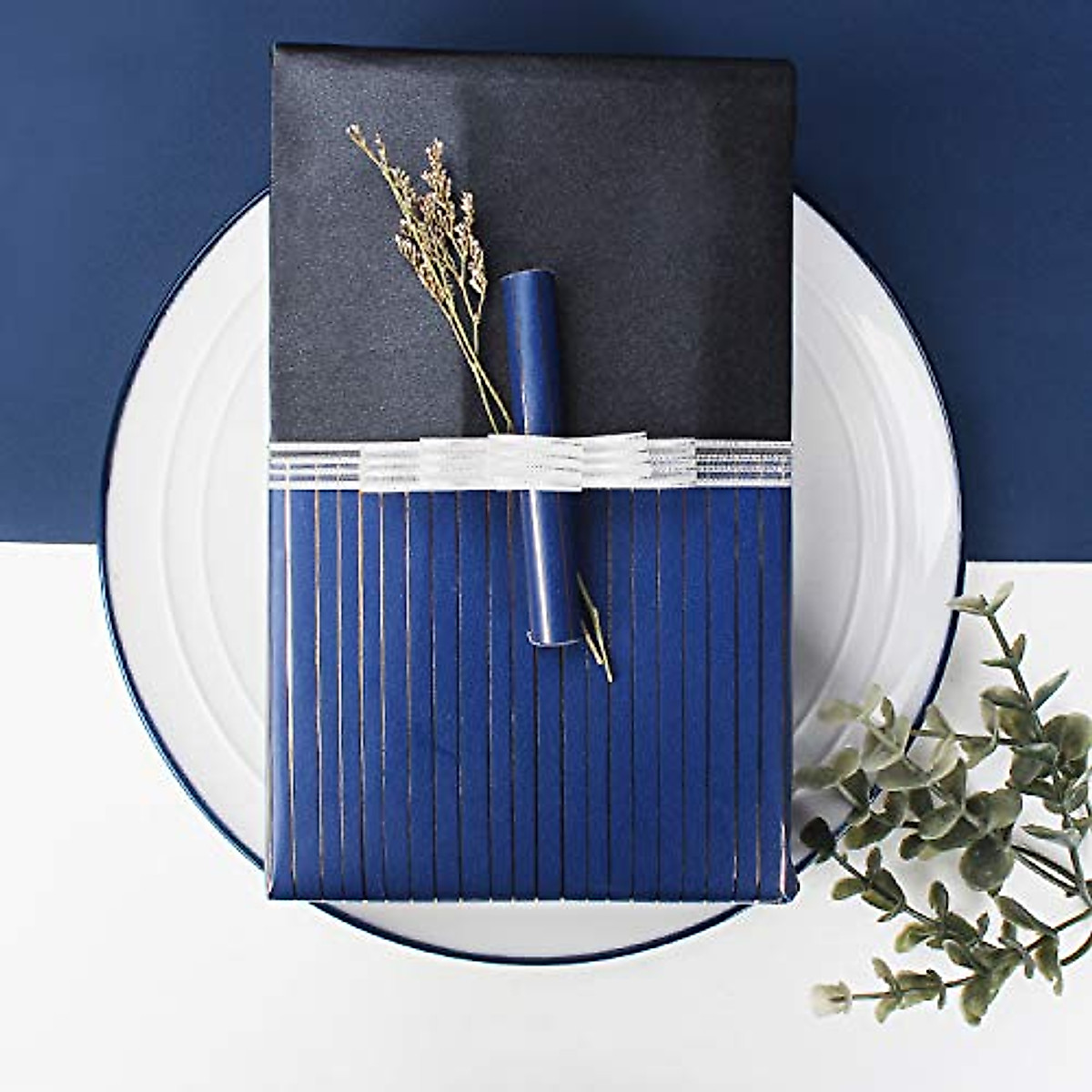 WRAPAHOLIC Wrapping Paper Roll - Gold and Navy Print with Cut Lines for Birthday, Holiday, Father's Day, Baby Shower - 4 Rolls - 30 inch X 120 inch Per Roll