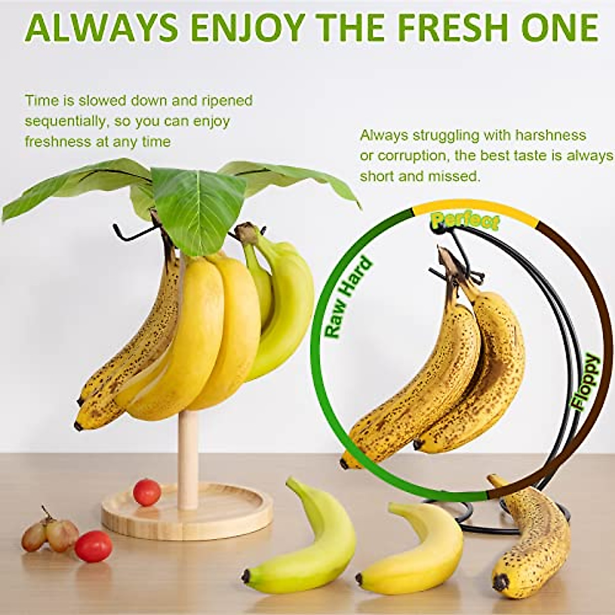 Yanbgaga Banana Holder Wood,Modern Banana Hanger Tree Stand with Bamboo tray for Kitchen&Living room&bathroom Countertop,Iron Banana Hook Stand for Storage Fruit、Earphone、Keys、Trinkets、etc.