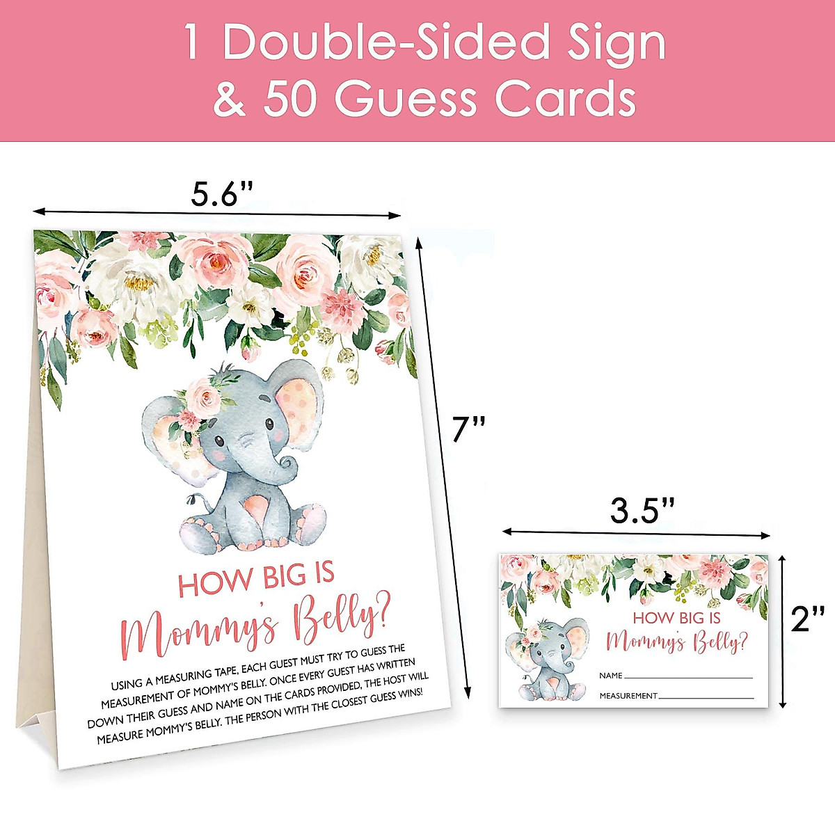 Yuzioey How Big is Mommy's Belly Elephant Baby Shower Game, Pink Floral Elephant Baby Shower Game, 50 Cards & Matching Sign & 3 Measuring Tapes
