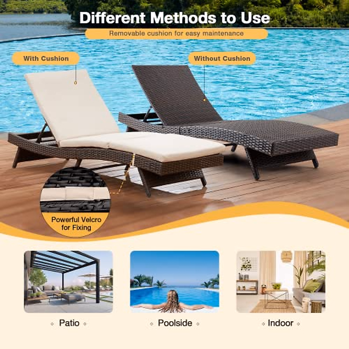 Vicluke Patio Chaise Lounge Chair, Outdoor Rattan Wicker Reclining Chaise with Adjustable Backrest and Removable Cushion, Pool Lounge Chair Sun Lounger for Poolside, Balcony, Garden (1 Piece, Khaki)