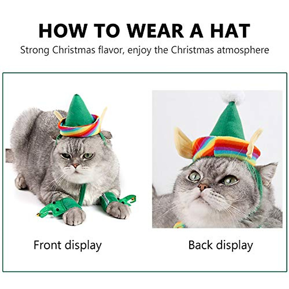 POPETPOP 4Pcs Cat Elf Costume - Cute Cat Christmas Costume Xmas Clothes Green Elf Outfit for Small Pets Cat Costume Accessories