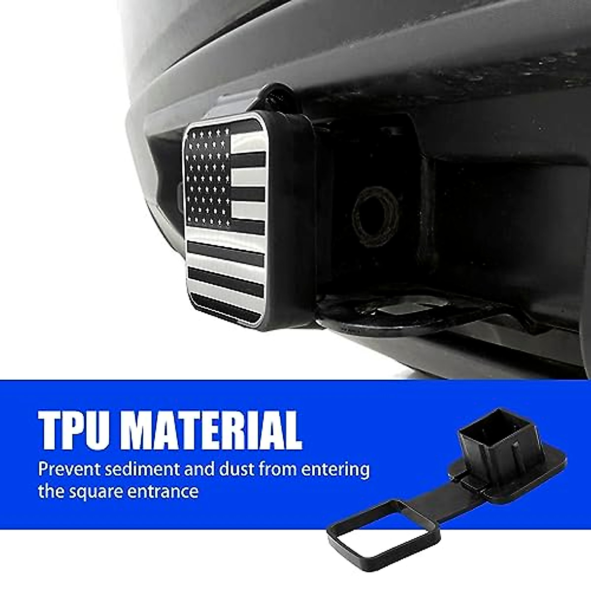 Hawyet 1 PC Universal Trailer Tube Square Mouth Cover, 3.1" x 7.5" TPU American Flag Tow Hook Dust Plug, Protect Trailer Tube and Trailer Base, Suitable for Most Car Models (Silver)