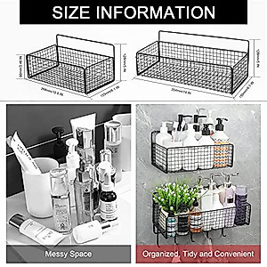Livabber Adhesive Shower Caddy Basket Shelf with Hooks, All Metal Bathroom Organizer Shelf Rustproof Storage Basket No Drilling Wall Mounted, 2-in-1 Space Saving Kitchen Spice Racks, 2 Pack, Black
