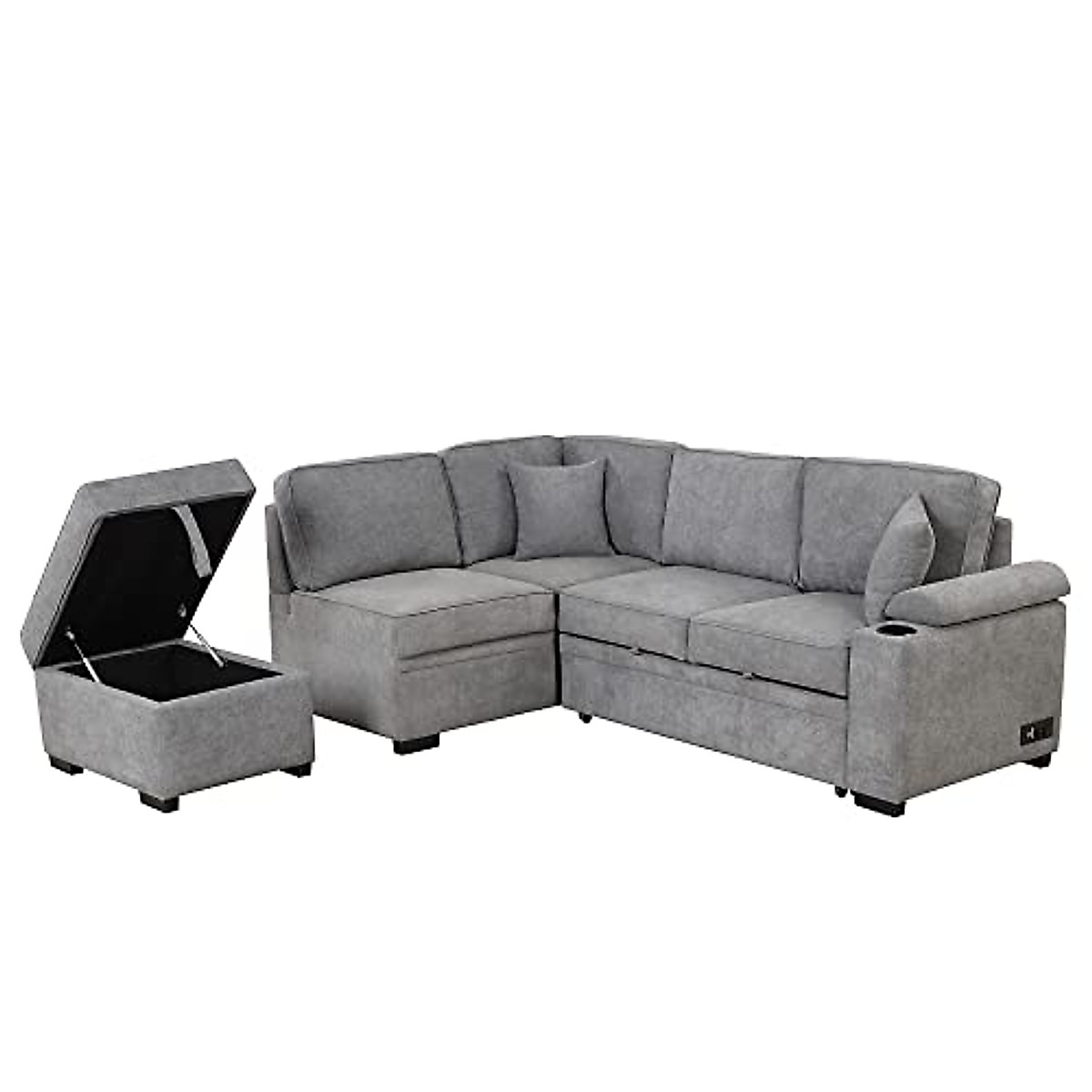 Polibi 5-Seat Sleeper Sofa Bed with Storage Ottoman, USB Charging Ports, Cup Holder on Armrest and 2 Pillows, L-Shape Convertible Pull-Out Sofa Upholstered Couch for Living Room, Grey