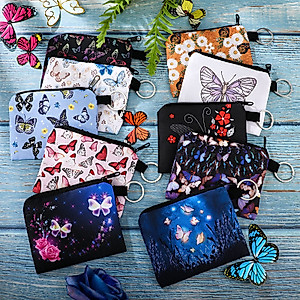 Boao 10 Pieces Small Coin Purse for Women Bulk Boho Change Purse Mini Pouches Wallet Coin Bag with Zipper for Women Girls (Butterfly and Flower, 4.52 x 3.74 Inch)