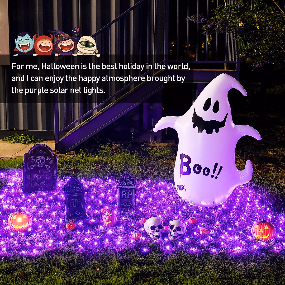 JMEXSUSS Purple Solar Halloween Lights Outdoor, 320 LED 9.8ft x 6.6ft Solar Net Lights Outdoor Waterproof, Purple Solar Lights with 8 Modes Remote for Halloween Decorations