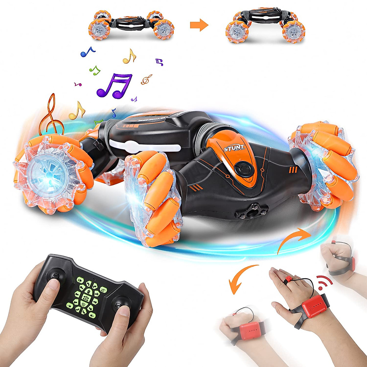 Ruirtarci Music Water Spray RC Car, 4 Wheel Drive Stunt Car Toy for Kids, Hobby RC Crawlers, Double Sided Rotating 360°Remote Control Car, Dual-Color (Orange)