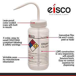 EISCO 2PK Wash Bottle for Ethanol, 500ml - Labeled with Color Coded Chemical & Safety Information (4 Colors) - Wide Mouth, Self Venting, Low Density Polyethylene Labs