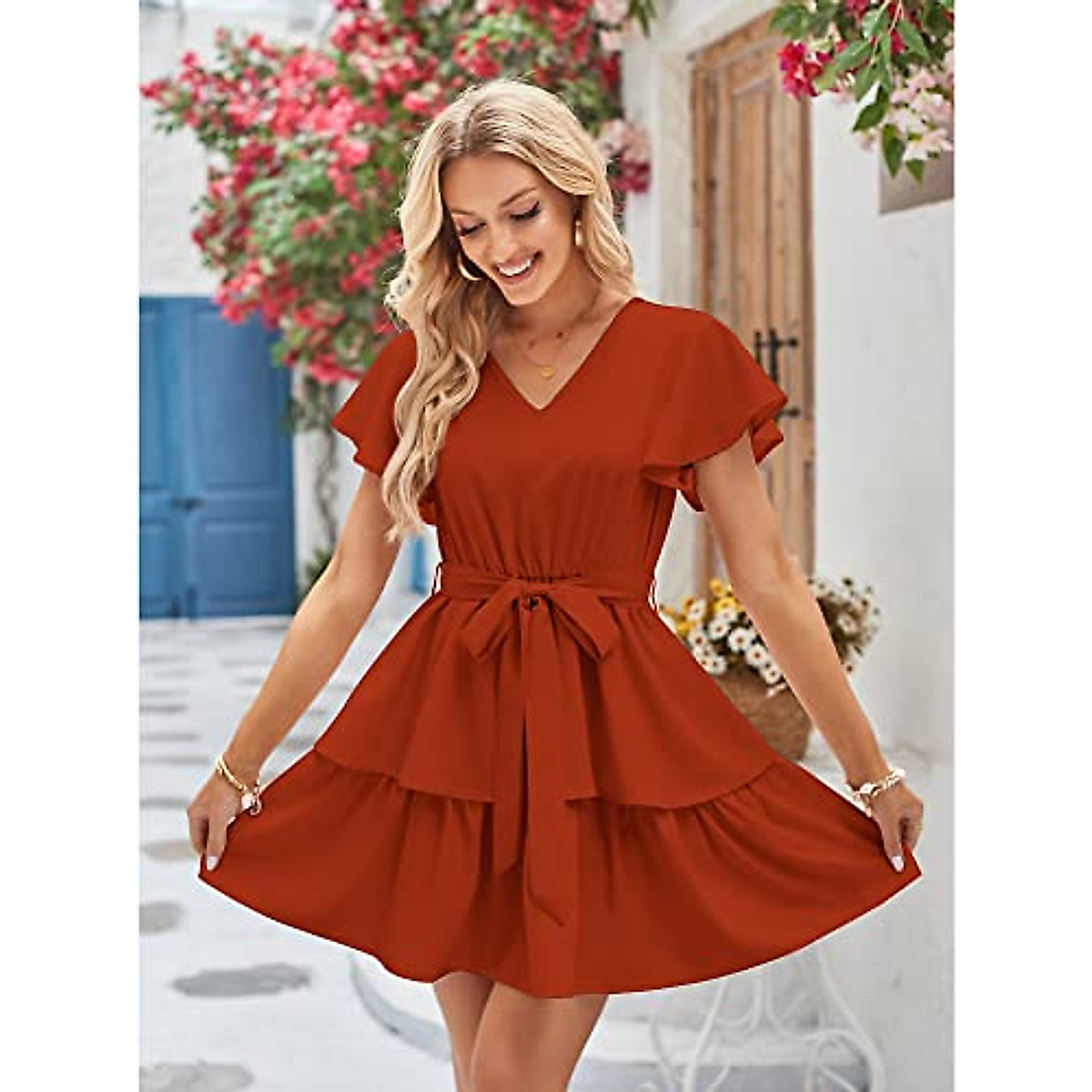 ZAFUL Women's Short Flutter Sleeve Mini Dress V Neck Waist Tie Tiered Flare Casual 2023 Summer Dress (Brick Red, M)